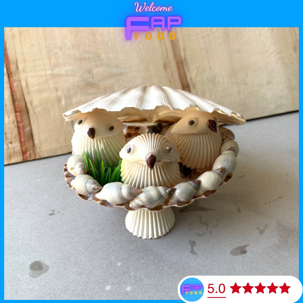 (Mỹ nghệ biển) Set 3 con chim trong tổ CÓ MÁI CHE mỹ nghệ làm từ vỏ sò ...