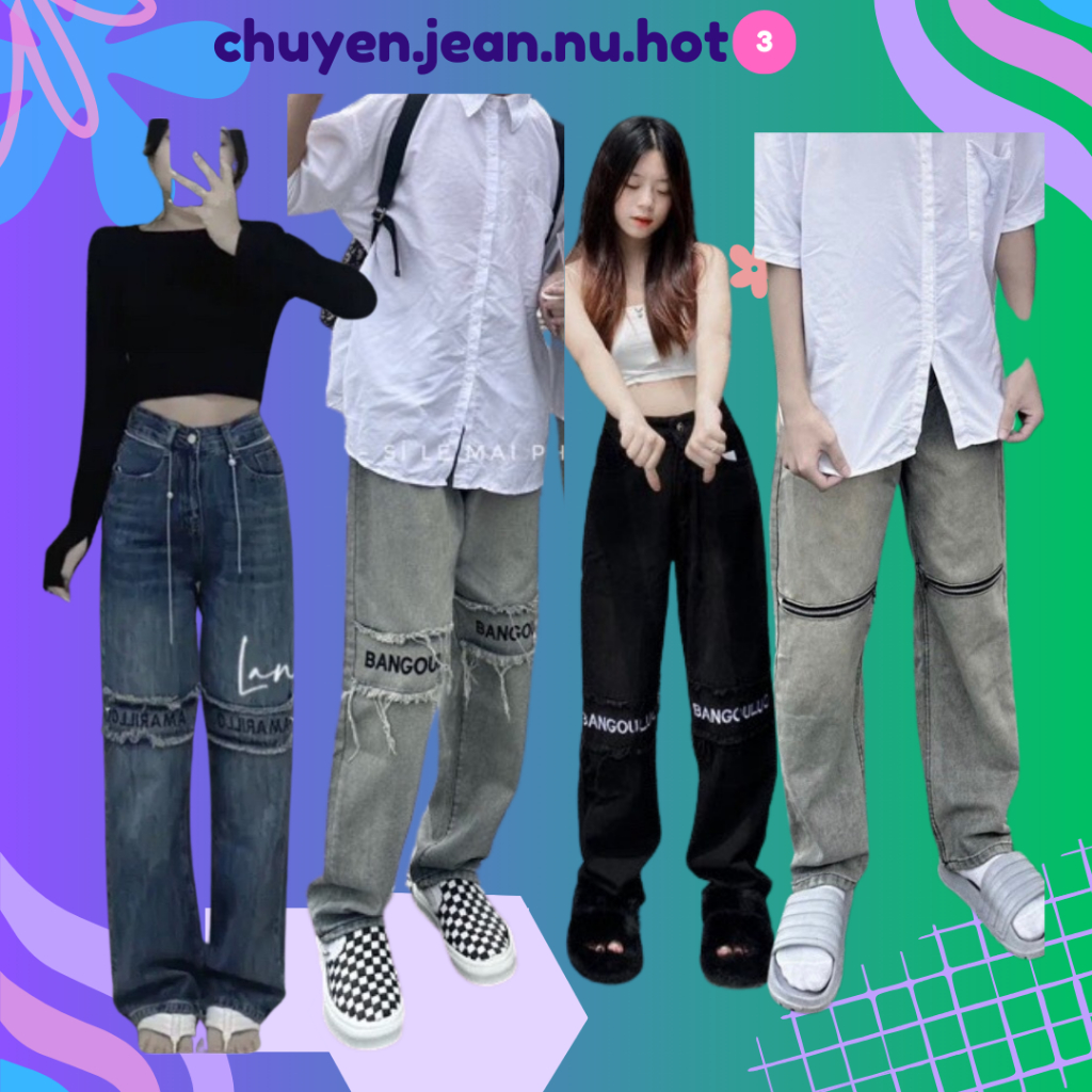 Quần jean bò ống rộng suông xuông nữ quân rin baggy jeans cạp cao thêu ...