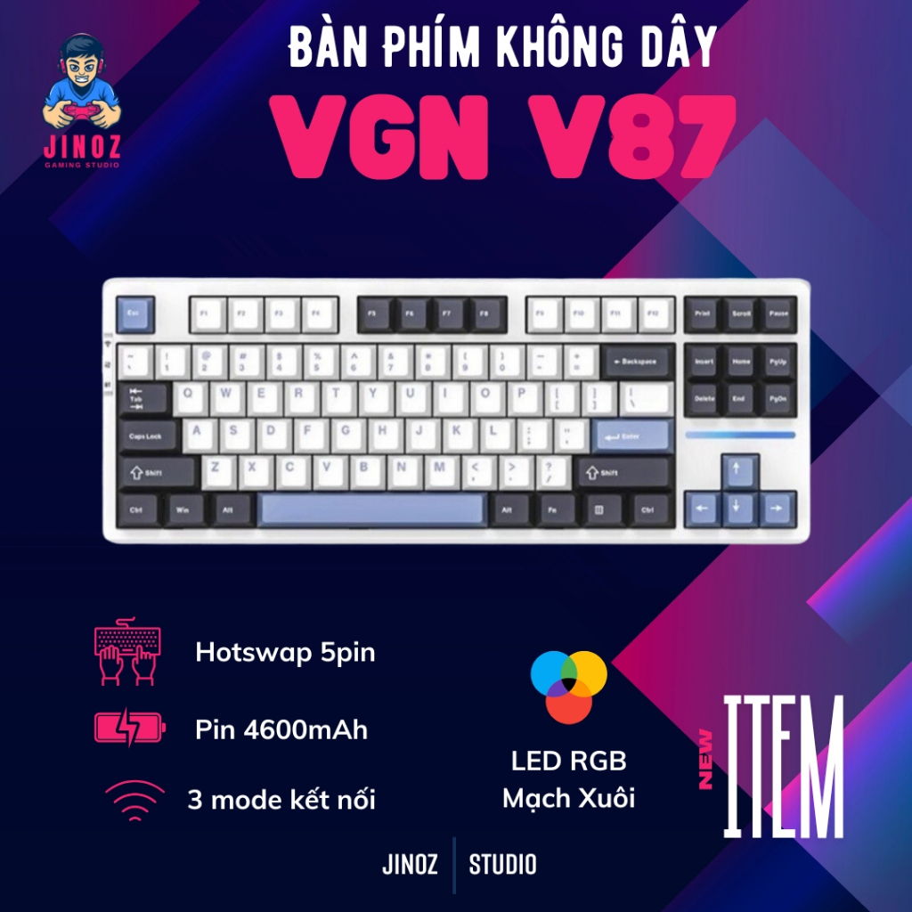 Bàn phím cơ không dây VGN V87 Led mạch xuôi - Hotswap 5 pin - 3 chế độ ...