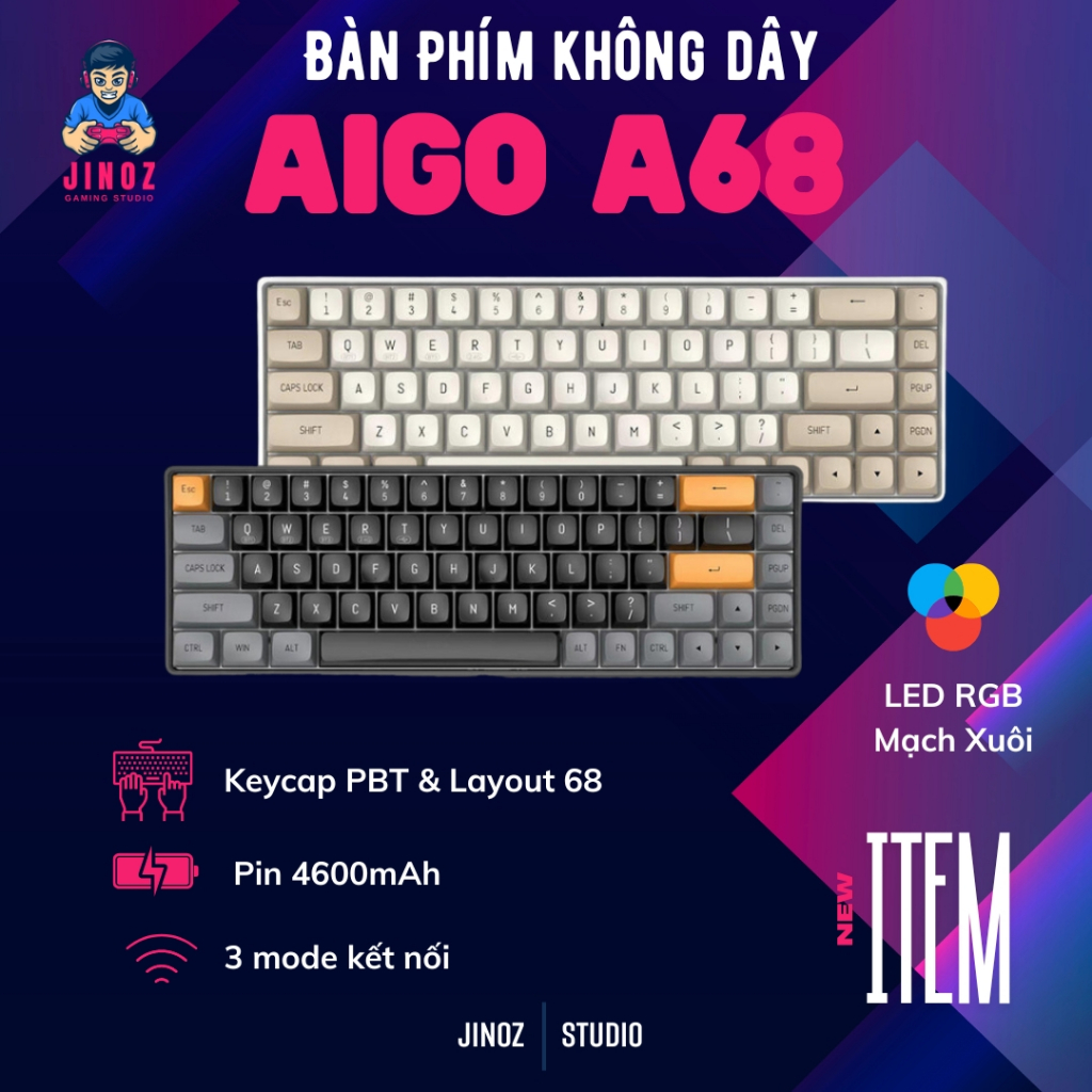 Bàn phím cơ không dây Aigo A68 - Có Hotswap 5pin - Switch đã được lube ...