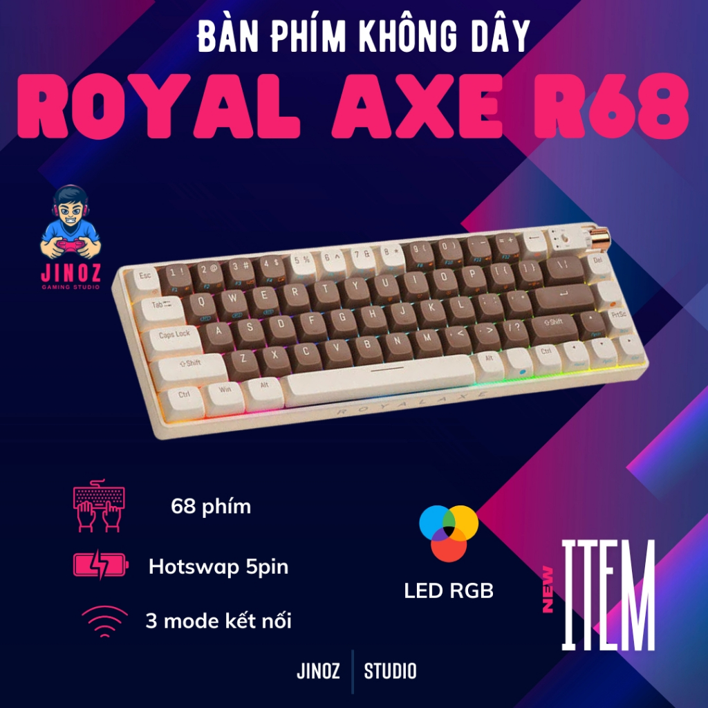 Bàn phím cơ không dây Royal Axe R68 - Hotswap 5 pin - 3 Mode kết nối - Led RGB nhiều chế độ ...