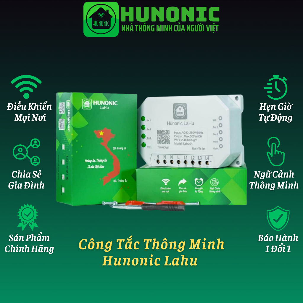 Công tắc thông minh Hunonic Lahu 4 kênh (500W/1 kênh) - Chính hãng bảo ...