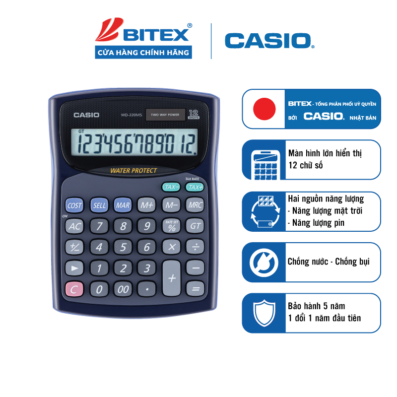 Máy Tính Casio WD-220MS 12 số Siêu Bền, Chống Nước, Dễ Lau Chùi | Shopee Việt Nam