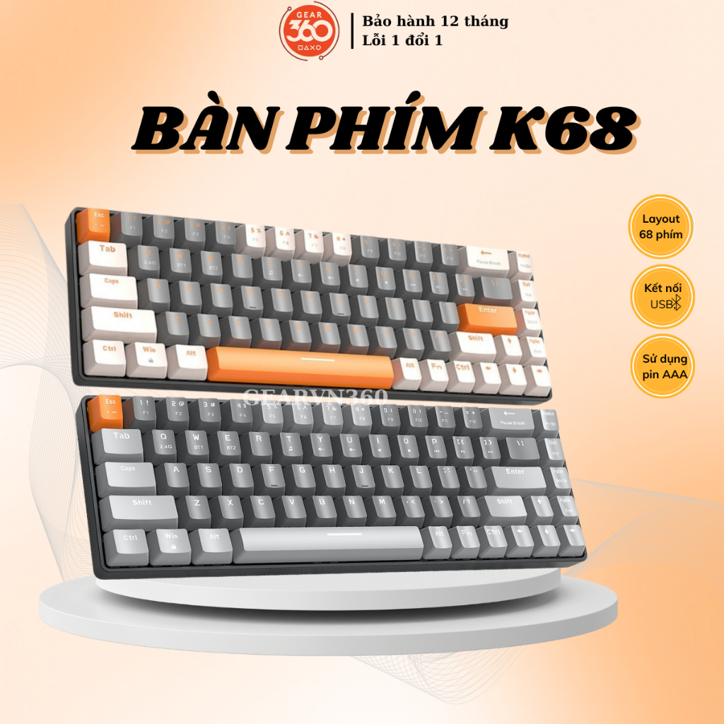 Bàn phím cơ Gaming K68- 2 chế độ kết nối- Sử dụng nguồn pin AAA- Hỗ trợ ...