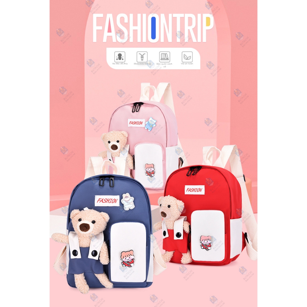 Balo Cho Bé Mầm Non 1-5 Tuổi BUTACHI Đính Gấu Bông Dễ Thương, Balo Cho Bé Trai, Bé Gái Đi Học ...