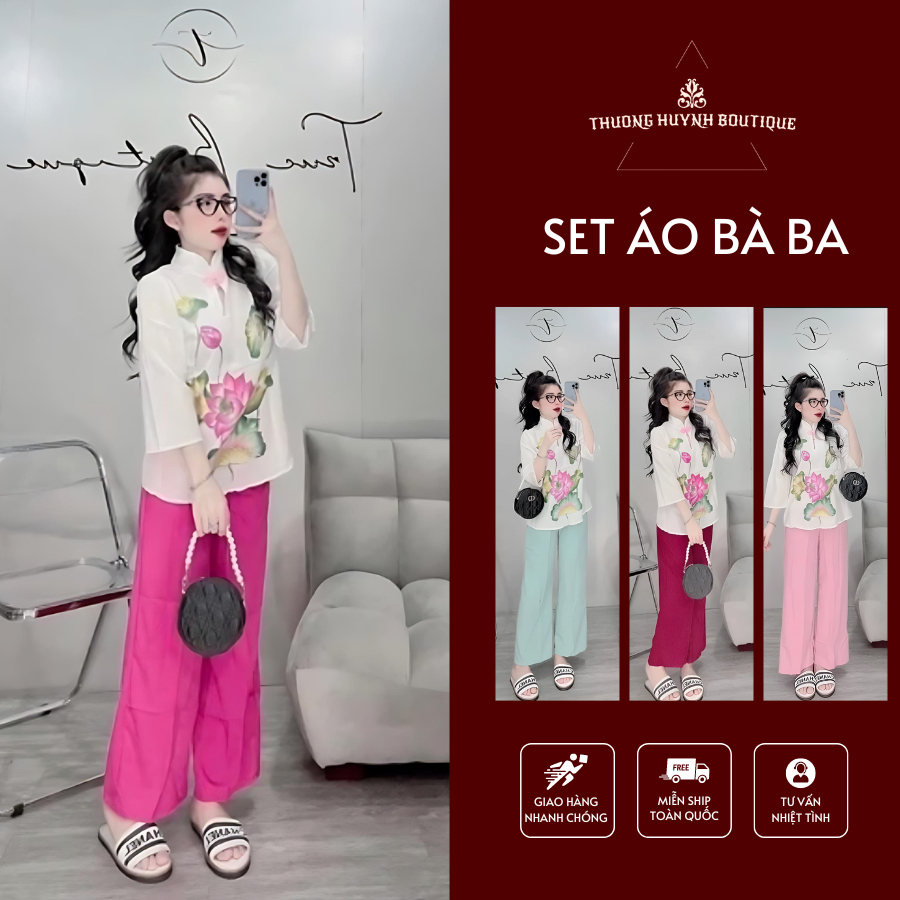 Set lam đi chùa thanh lịch, áo lam tay lỡ, set lam lụa hoa sen, chất ...