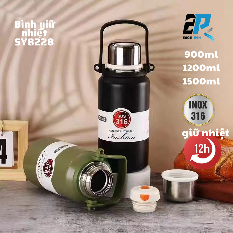 Bình Giữ nhiệt inox 316 cao cấp dung tích 900ml 1200ml 1500ml SY-8228 có dây đeo nắp bấm khay ...