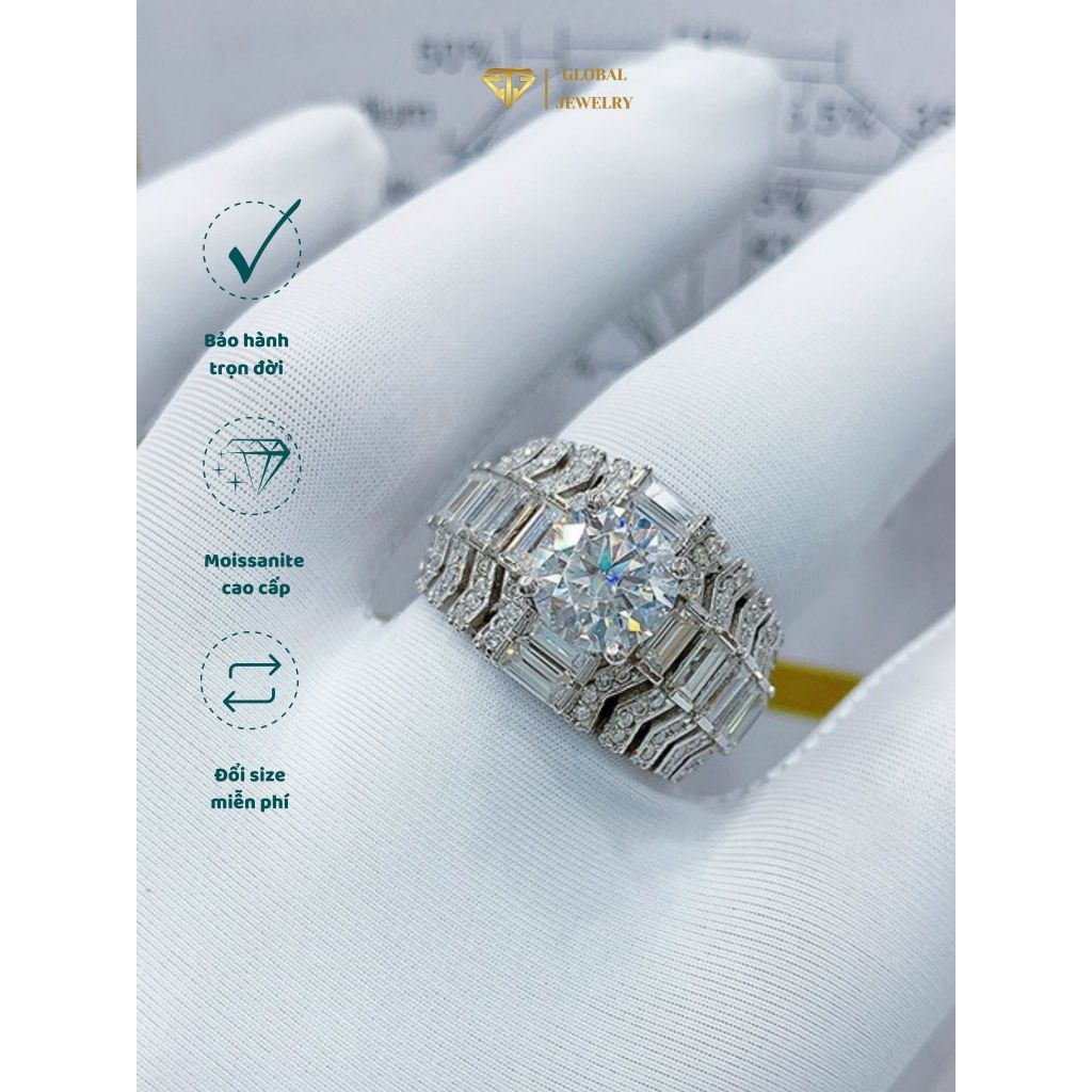 Nhẫn bạc nam TCJ cá tính full Moissanite chủ 8.0mm trang sức bạc Ý 925 ...