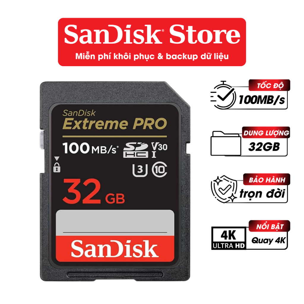 Thẻ nhớ SDHC SDXC Sandisk Extreme Pro 32GB/64GB/128GB V30 U3 C10 UHS-I upto200 MB/s Bảohành trọn ...