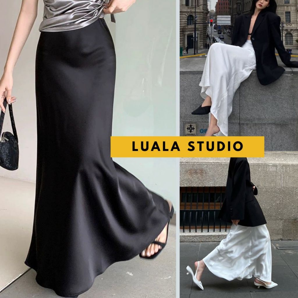 Chân váy lụa cạp trễ Luala dài 95cm qua mắc cá chân, dáng maxi xoè sang ...