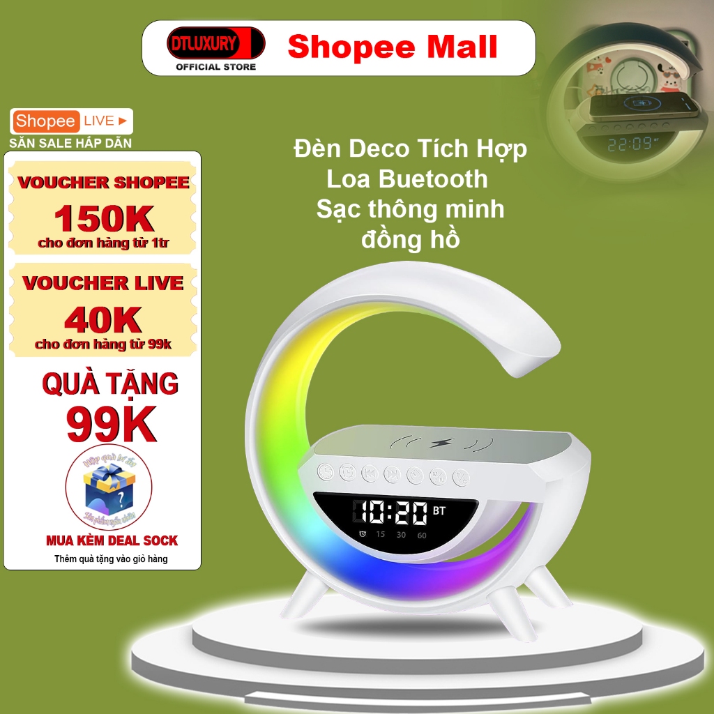 Đèn deco tích hợp đồng hồ báo thức, loa bluetooth DTLUXURY BT3401 DT08 đèn ngủ led RGB nghe nhạc ...