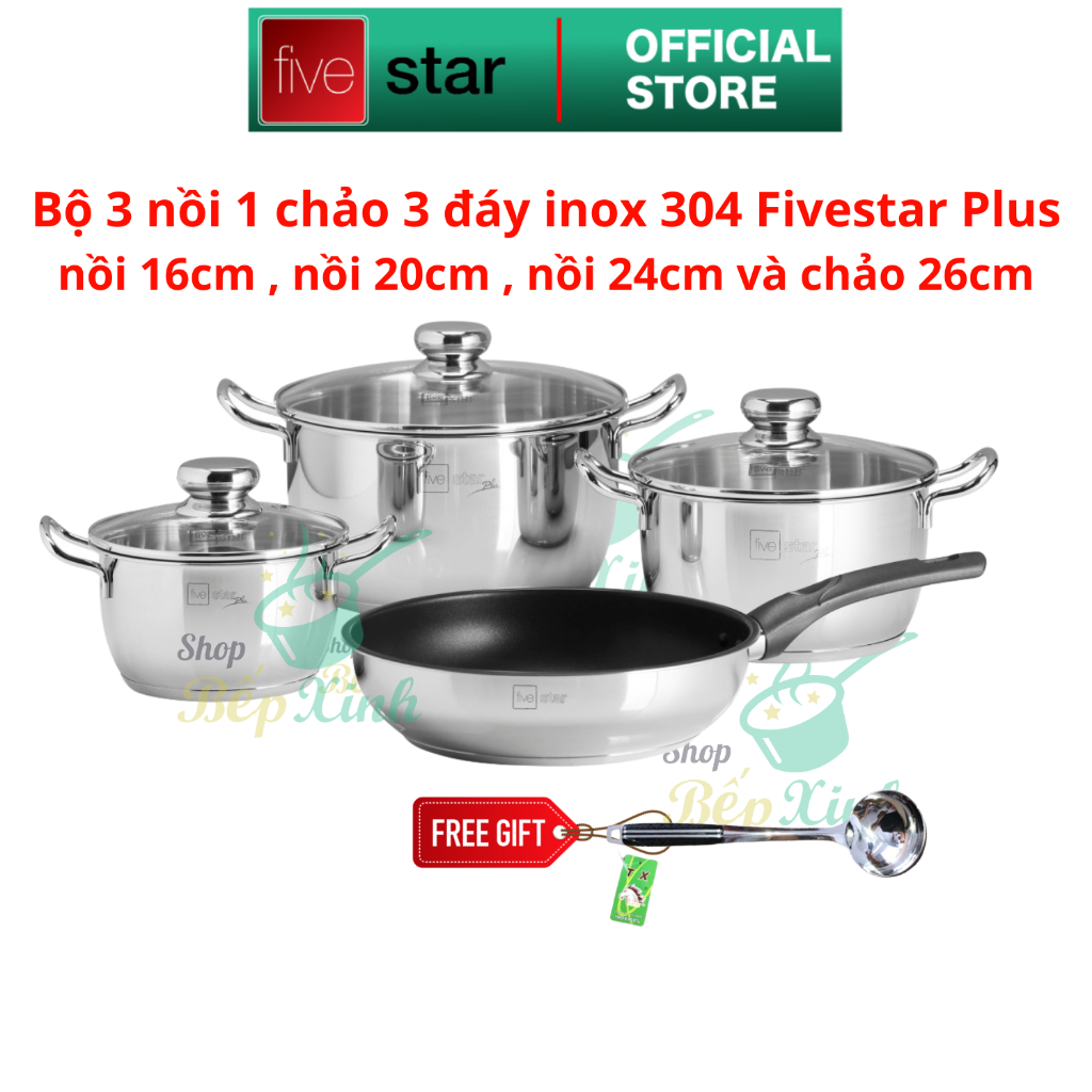 Bộ nồi chảo chống dính bếp từ inox 304 Fivestar Plus nắp kính, 3 đáy dùng được mọi bếp, tặng 1 ...