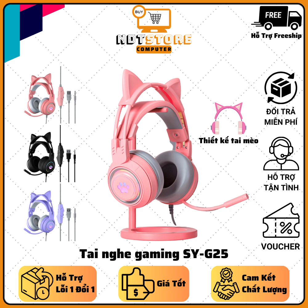 Tai nghe gaming SY-G25 với thiết kế tai mèo cực kì dễ thương có đèn led ...