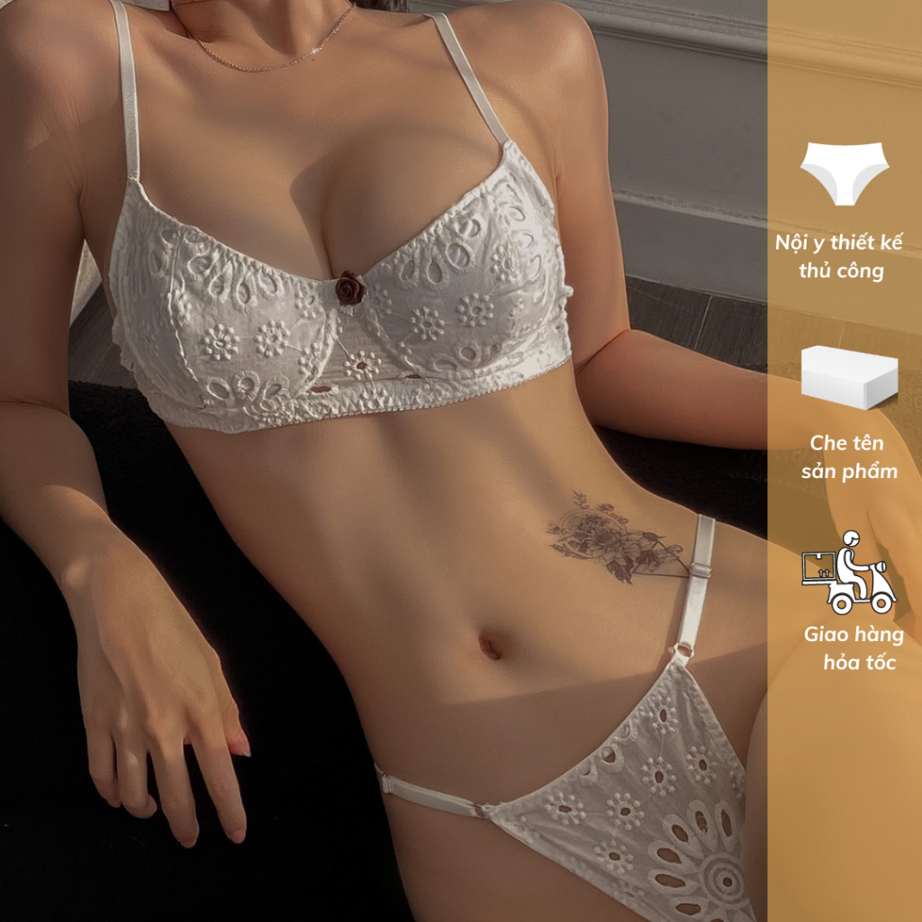 Đồ lót sexy DEARIE WHITE SET có gọng EMbra.ce thô thêu hoa mềm mại, gợi cảm, vintage có hoa hồng ...