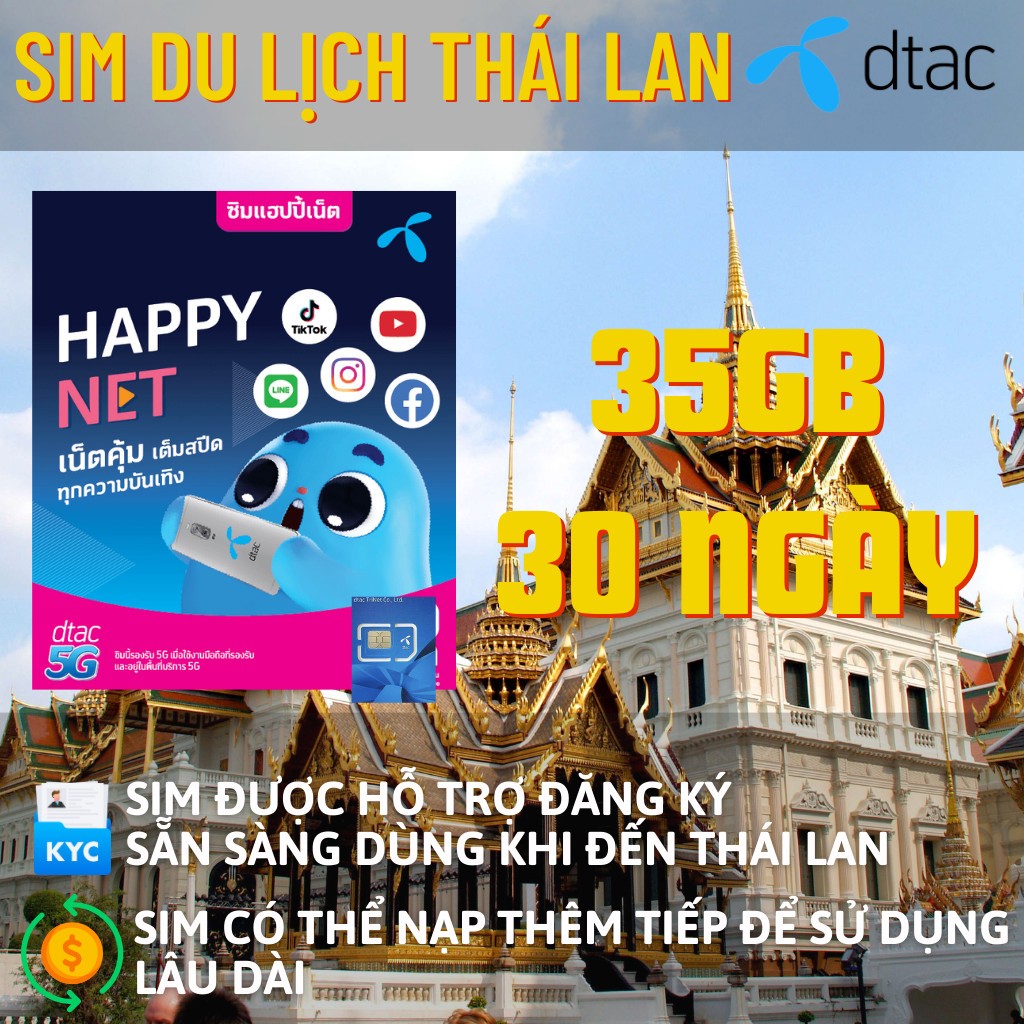 [Mạng ais-dtac-truemove] Sim du lịch Thái Lan 35GB internet tốc độ 4G 5G nghe gọi miễn phí ...