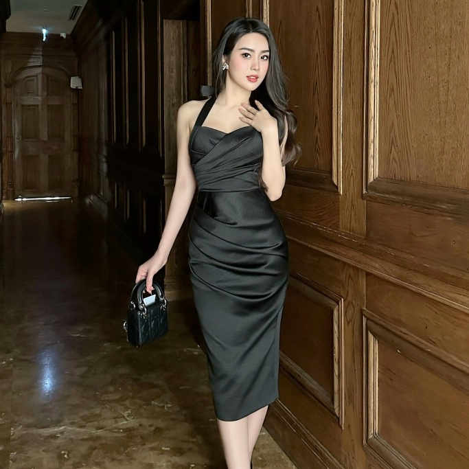 MARILYN Đầm tiệc DONNA chất liệu phi da cao cấp kiểu xếp ly sang trọng ...