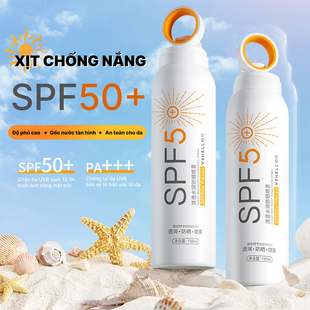 Kem Xịt Chống Nắng Vshell Sunscreen SPF50+ PA+++ 150ml dùng cho cả mặt và body tất cả các loại ...