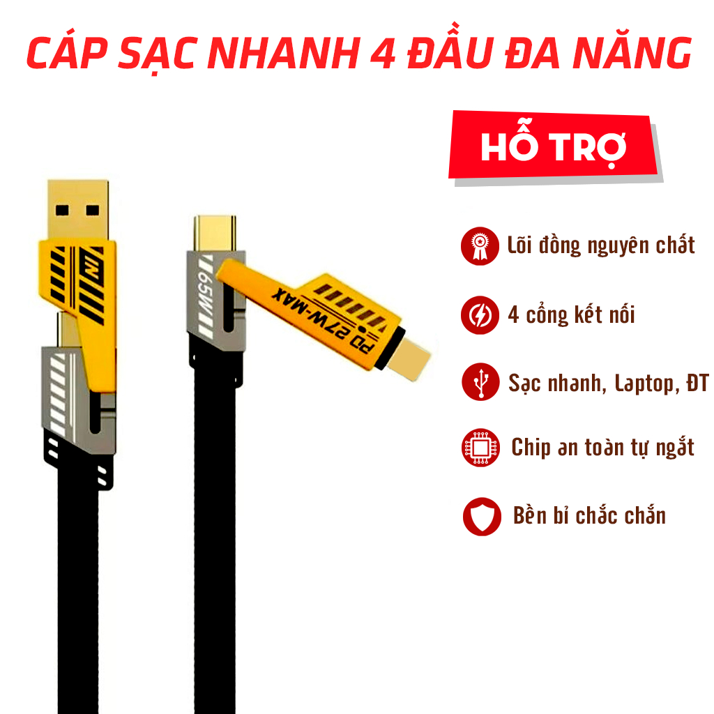 Cáp Sạc Nhanh 4 Đầu 65W Cổng C-L, C-C, USB-C, USB-L Đa Năng 4 Trong 1 Hỗ Trợ Sạc Nhanh Tiện Lợi ...