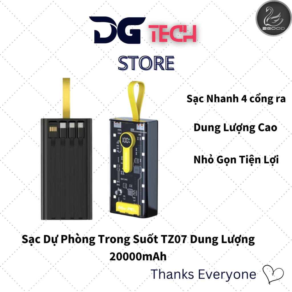 Sạc Dự Phòng Trong Suốt TZ07 20000mAh, Kèm 4 Đầu Sạc Màn Hình LED,Thiết ...