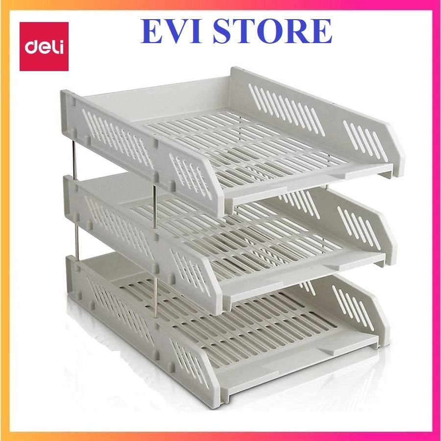 Giá đựng tài liệu 3 tầng Deli 9209 / Khay tài liệu 3 tầng màu ghi ...