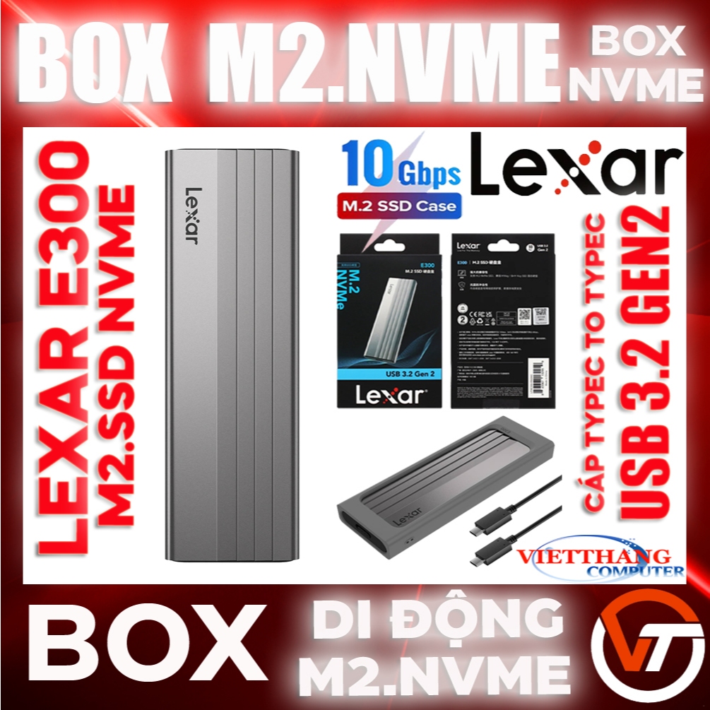 Box SSD Lexar E300 Hỗ trợ SSD M2.NVMe Chuẩn USB 3.2 Gen2 10Gbps - Nhôm nguyên khối Aluminum rất ...