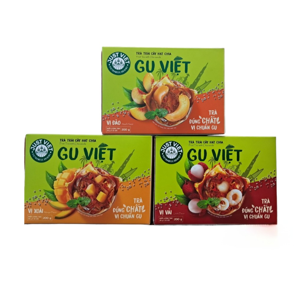 Trà trái cây hạt chia Gu Việt (Vải / Đào / Xoài) - 1 hộp 200g (10 gói * 20g) | Shopee Việt Nam