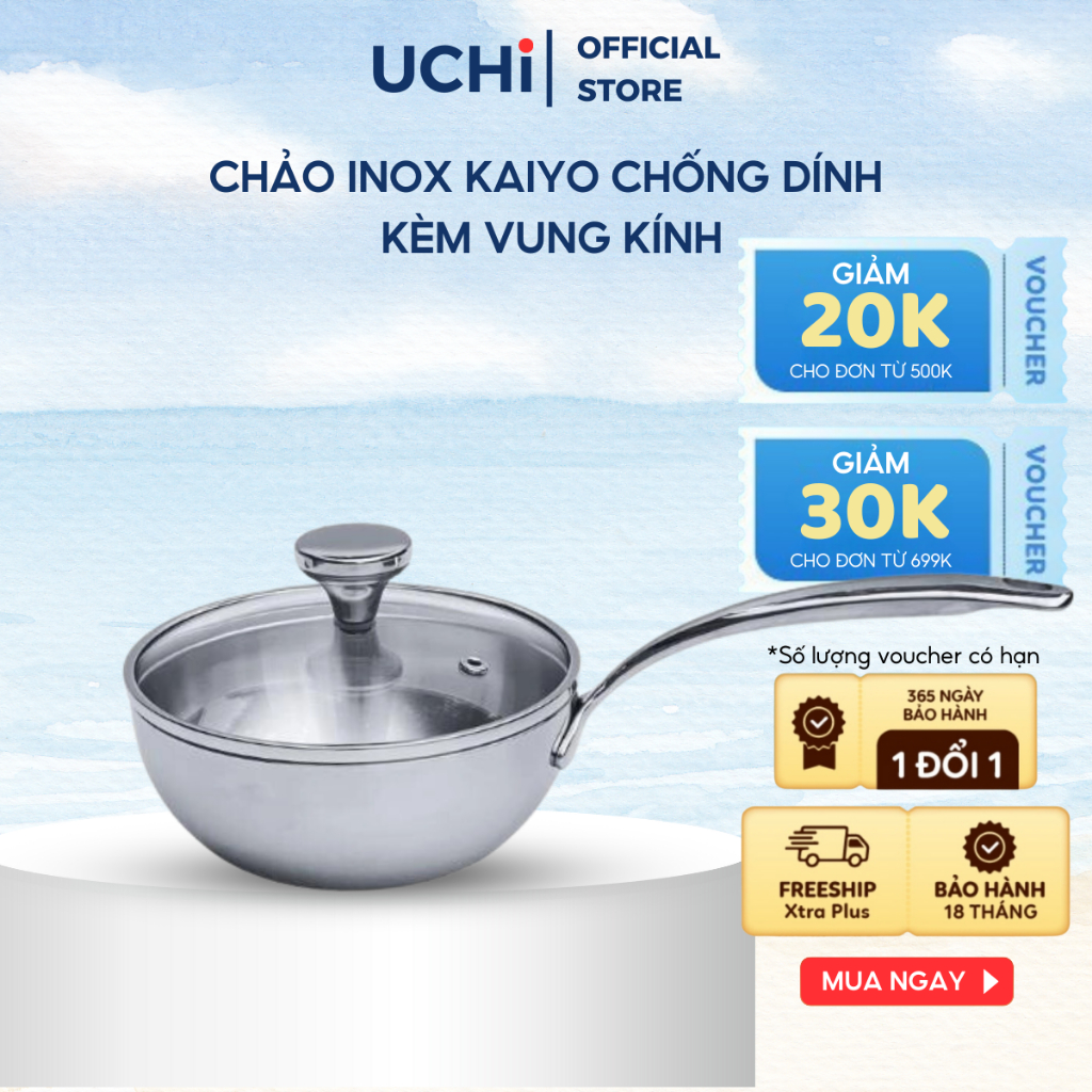 Chảo inox KAIYO kèm Vung Kính dùng được mọi loại bếp, chảo chống dính ...