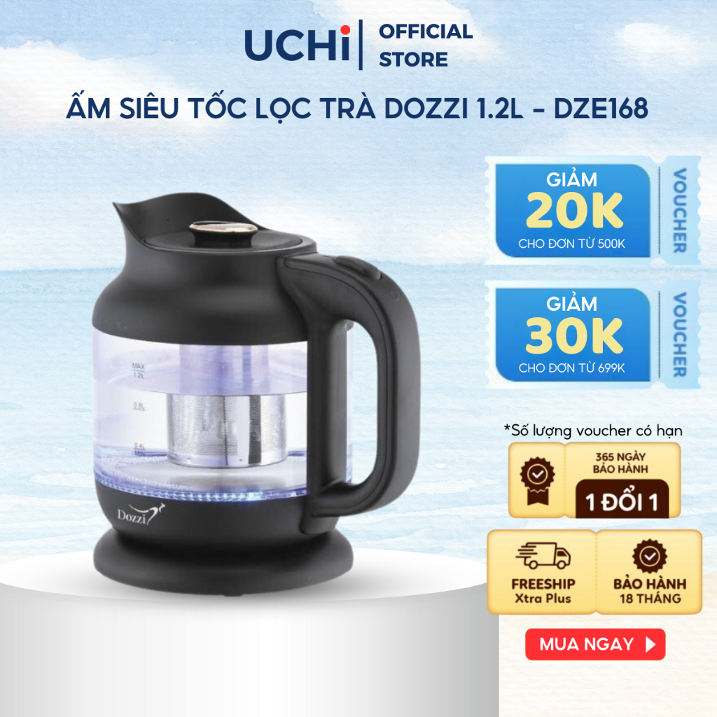 Ấm siêu tốc pha trà thủy tinh 1.2l DOZZI DZE168 nhỏ gọn, lõi lọc INOX ...