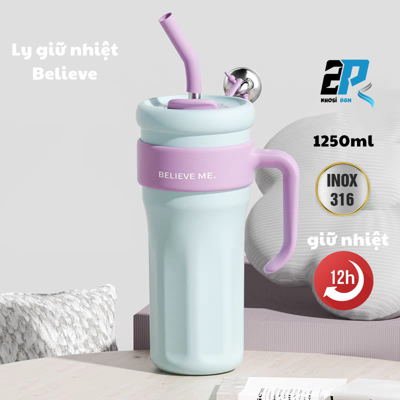 Ly giữ nhiệt inox 316 Believe dung tích 1250ml có tay cầm to và ống hút inox | Shopee Việt Nam