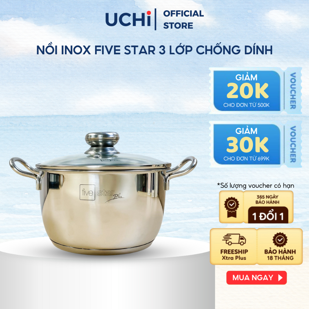 Nồi inox Five Star thành cao, inox 403, chống dính, sáng bóng, 3 lớp ...