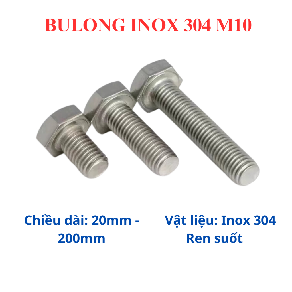 Set 10 bộ Bulong + tán inox 304 M10 (10 li) từ 20mm - 200mm, bulong đầu ...
