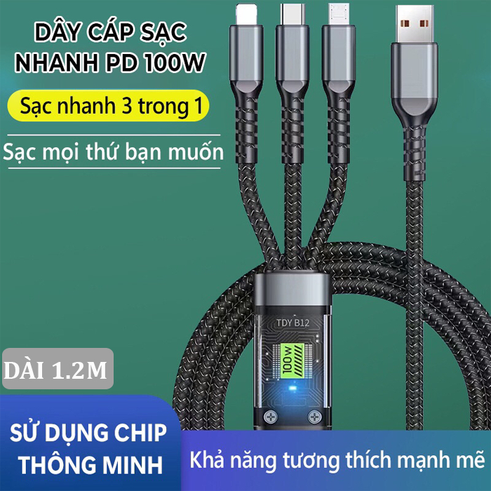 CÁP SẠC NHANH ĐA NĂNG 3 ĐẦU DÂY DÙ CÓ ĐÈN LED 100W TDA 218 A2 | Shopee ...
