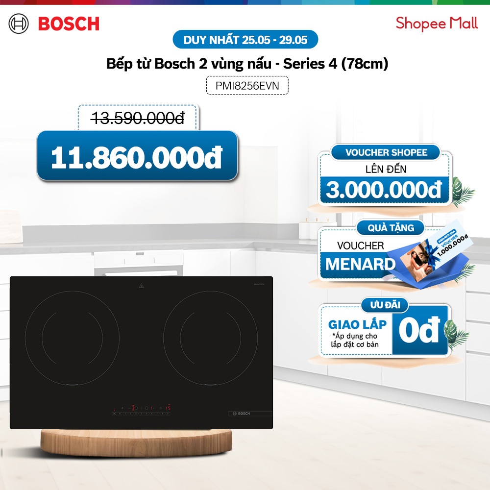 [Nhập ELJBP255 giảm 10% tối đa 3TR] Bếp từ Bosch 2 vùng nấu PMI8256EVN ...