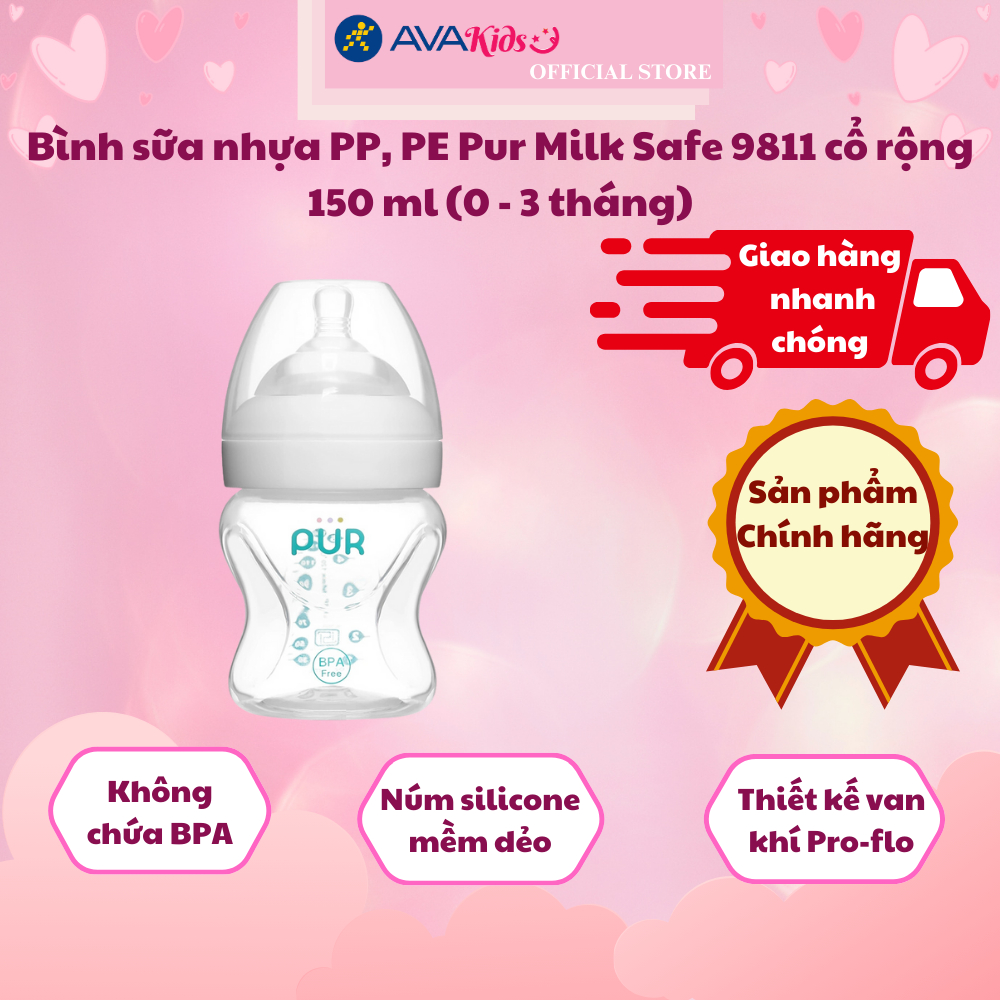 Bình sữa nhựa PP, PE Pur Milk Safe 9811 cổ rộng 150 ml (0 - 3 tháng ...
