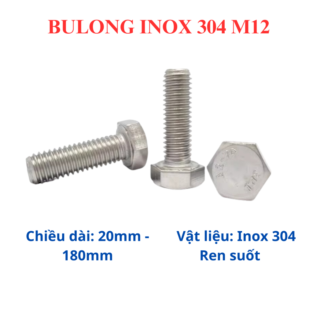 Bulong lục giác ngoài inox 304 M12 (100mm - 200mm), ốc đầu lục giác túi ...