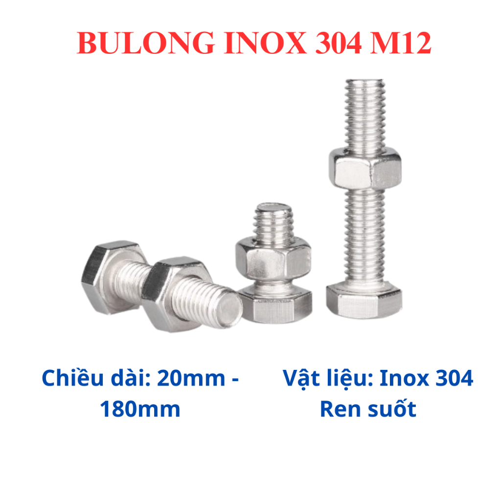 5 bộ (bulong + tán) inox 304 M12 dài 20mm - 200mm. Bulong đầu lục giác ngoài inox 304 12 li ...