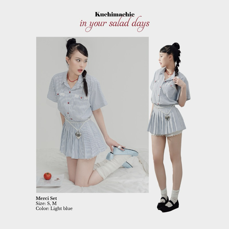 Kuchimachic - (Merci Set) Combo áo sơ mi ngắn tay kèm chân váy kẻ xếp ...