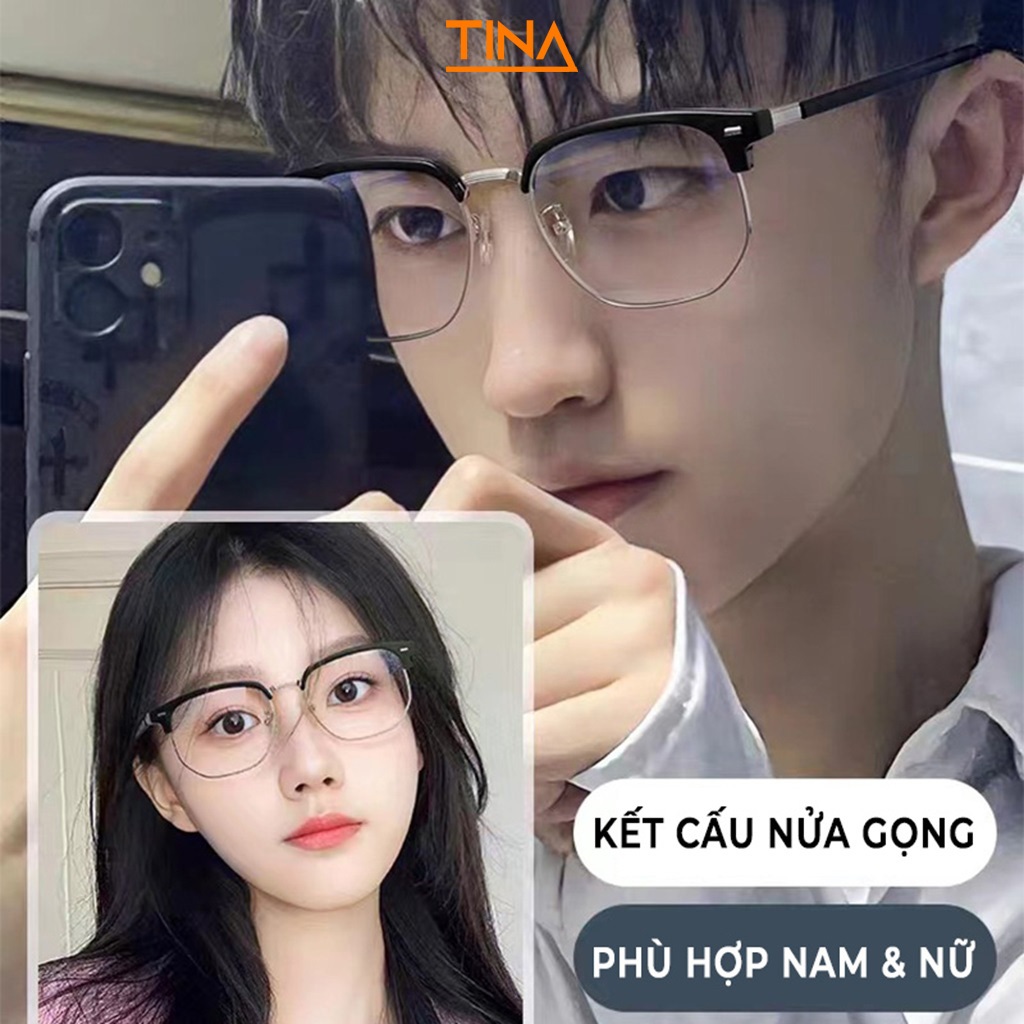 Mắt kính nam nữ thời trang TINA, gọng kính cận nửa viền kim loại cao cấp 0 độ chống ánh sáng ...