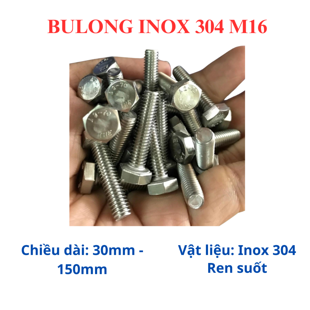 Combo 5 bộ (bulong + tán) Bulong inox 304 M16 đủ size từ 30-100mm. Bulong đầu lục giác ngoài ...