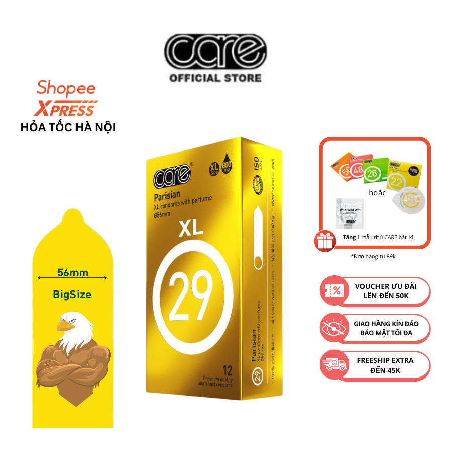 bao cao su size to,bcs 55mm - 56mm CARE 29 bcs big size hương nước hoa, nhiều gel, kéo dài thời ...