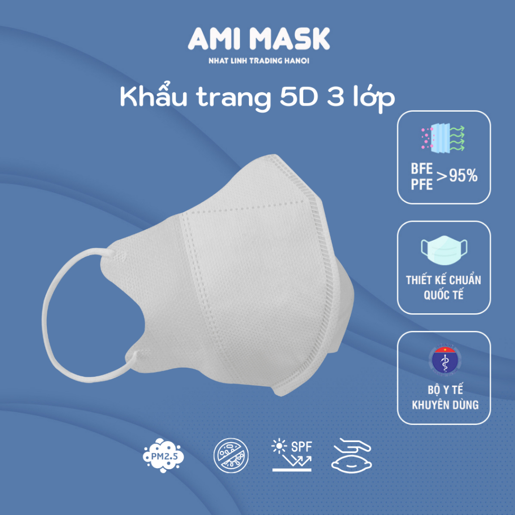[30 - 100c] Khẩu trang 5D AMI Mask 3 lớp màu trắng, khẩu trang y tế ...