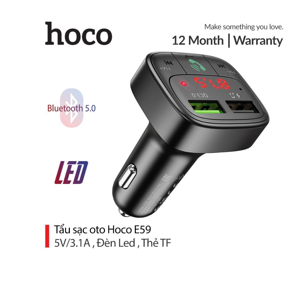 Tẩu sạc xe hơi Hoco E59 V5.0, 2 cổng USB ( 5V/3.1A + Q.C 3.0 ) khe cắm thẻ TF, hỗ trợ nghe nhạc ...