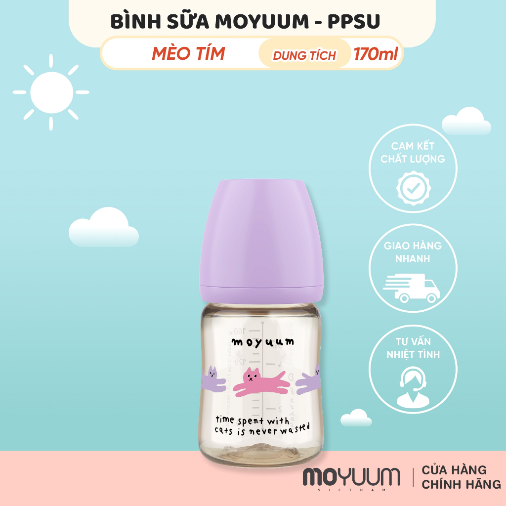 Bình sữa Premium PPSU Moyuum - Phiên bản WITH CAT - Nắp tím/170ml/Kèm núm số 1 | Shopee Việt Nam
