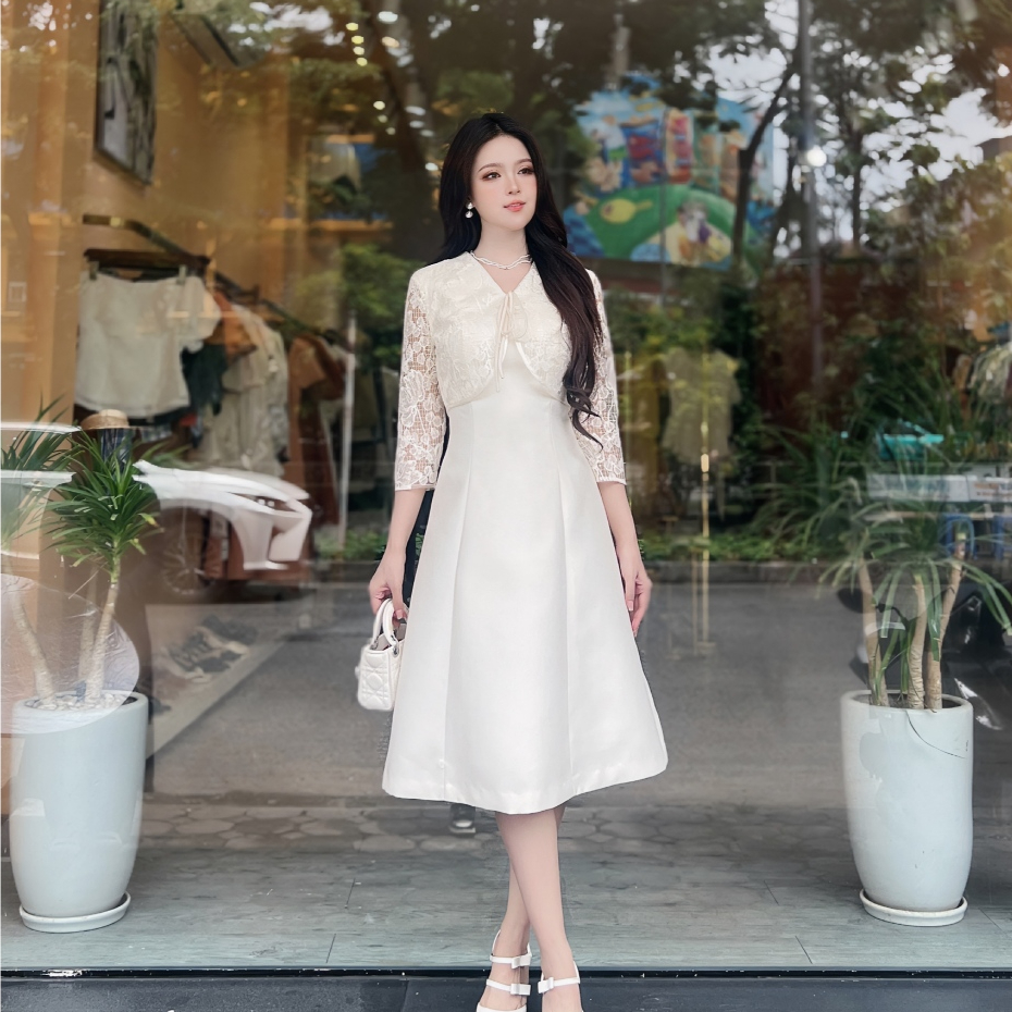 Váy dự tiệc tiểu thư nữ dáng A dài kiểu cổ V phối nơ buộc tay ren cách điệu Her studios | Shopee ...