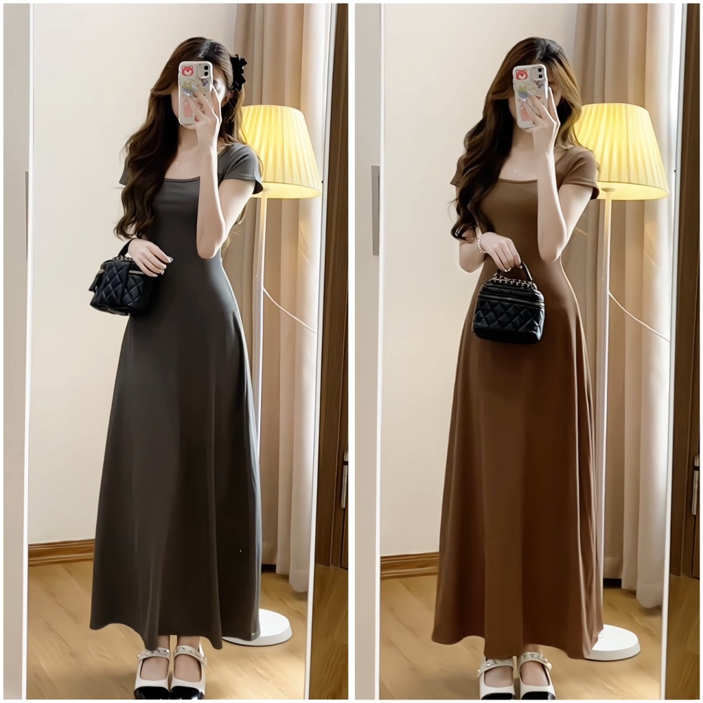 Đầm Maxi Body VIERLIN Tay Ngắn Cổ Vuông Dáng Dài Ôm Sát Hàn Quốc Tôn ...