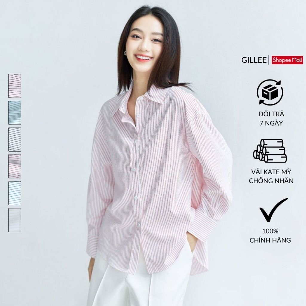 Áo sơ mi kẻ sọc nữ GILLEE sơ mi Hàn Quốc dáng oversized, sơ mi form ...