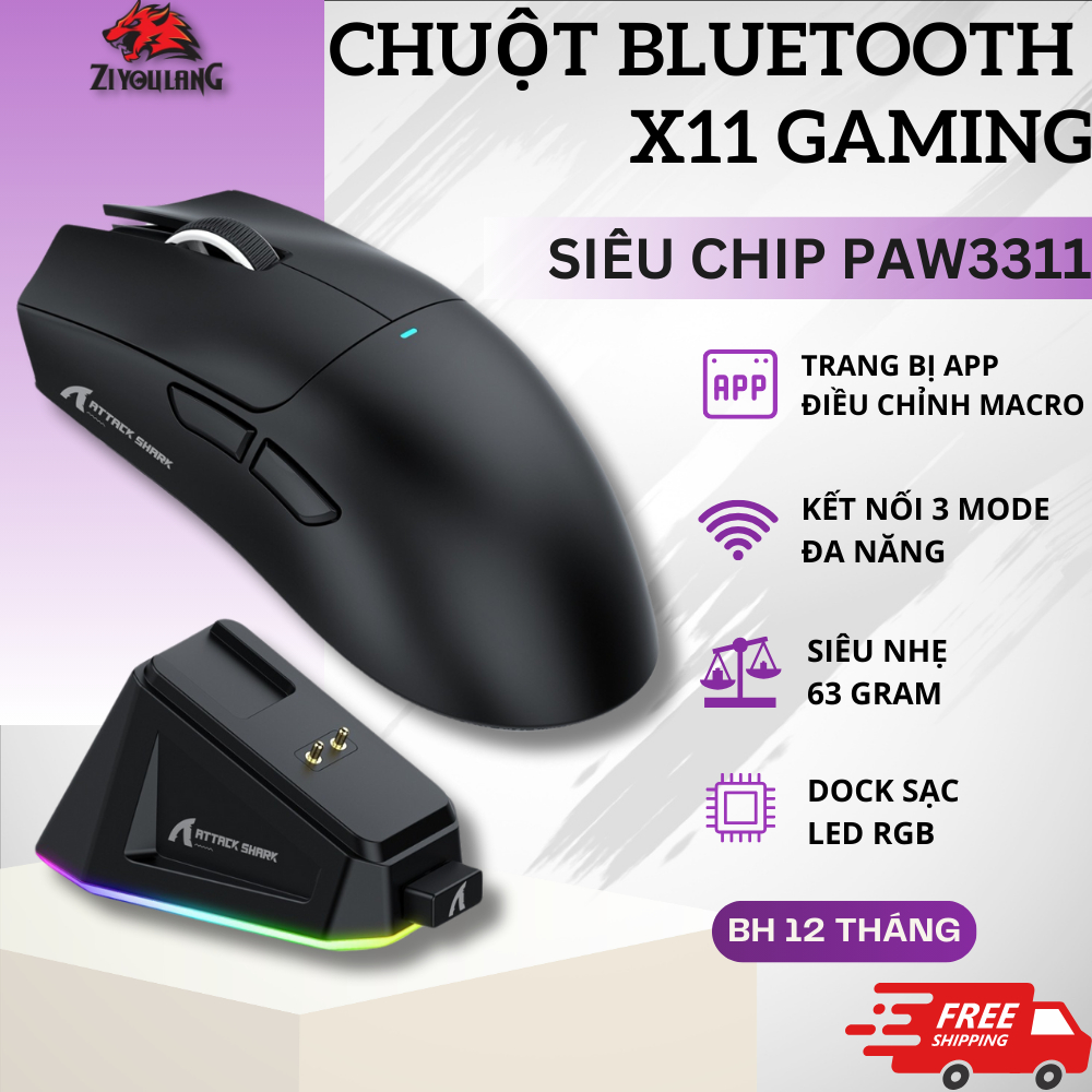 Chuột Không Dây Gaming Attack Shark X11 - Dock Sạc Từ Tính, Led RGB ...
