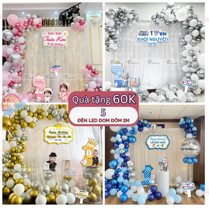 [TẶNG 5 ĐÈN LED] Set bóng trang trí sinh nhật kèm rèm voan trắng, bảng ...