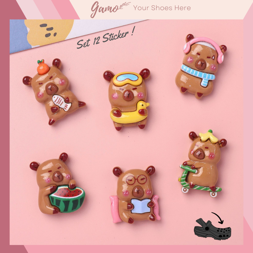 Bộ 12 Charm, Sticker 3D Capybara 2 gắn Dép Cross, Dép Sục, Cá Sấu Gamo ...