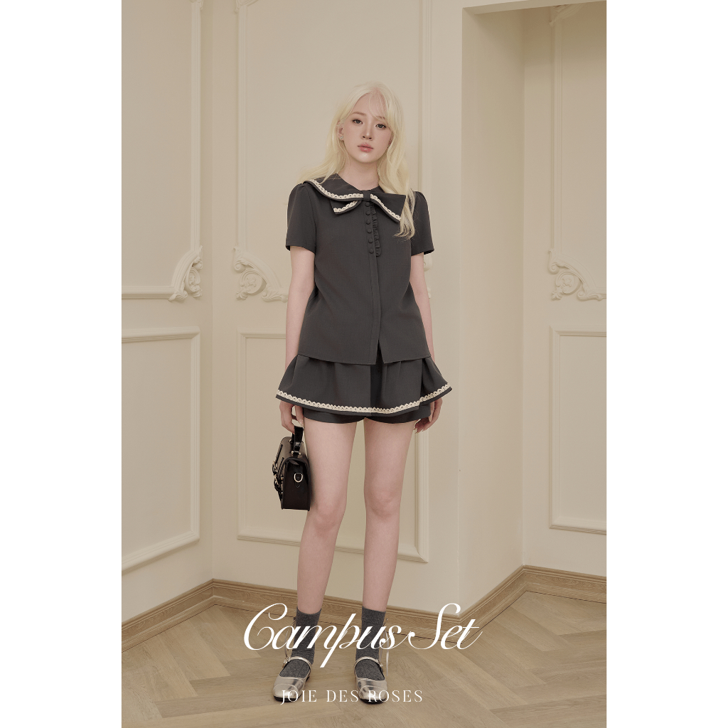 JOIE DES ROSES - Set áo cổ sen phối ren và chân váy xám Campus set ...